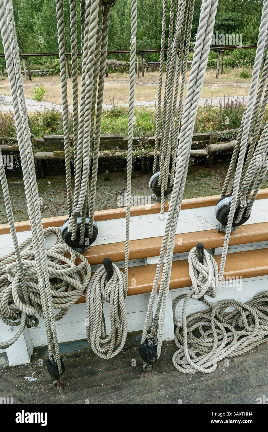 The Garlandstone ship moored at Morwellham Quay, a gaff-rigged sailing ...