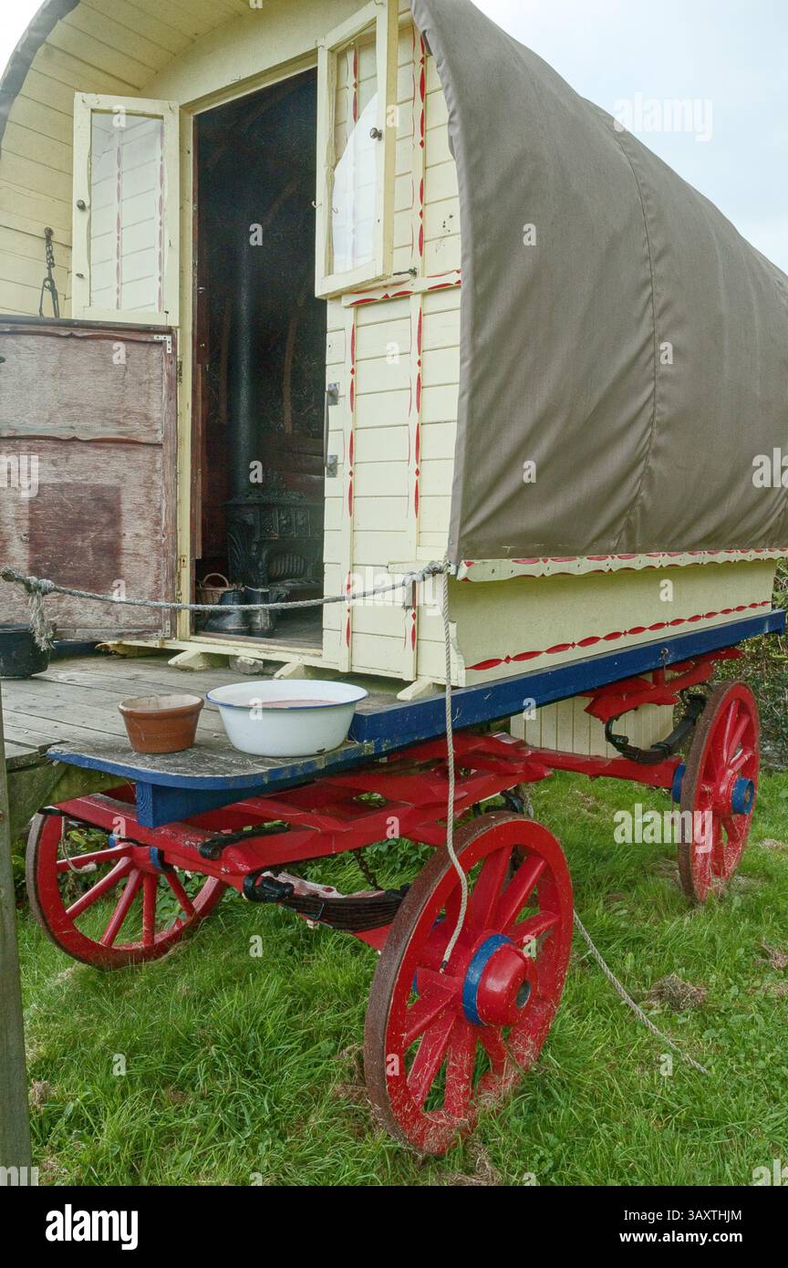 A Romany caravan on display on a summer’s day at Morwellham Quay Devon ...