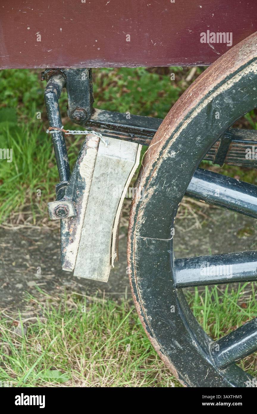 Close up of a brake block on a wooden horse drawn carriage at ...