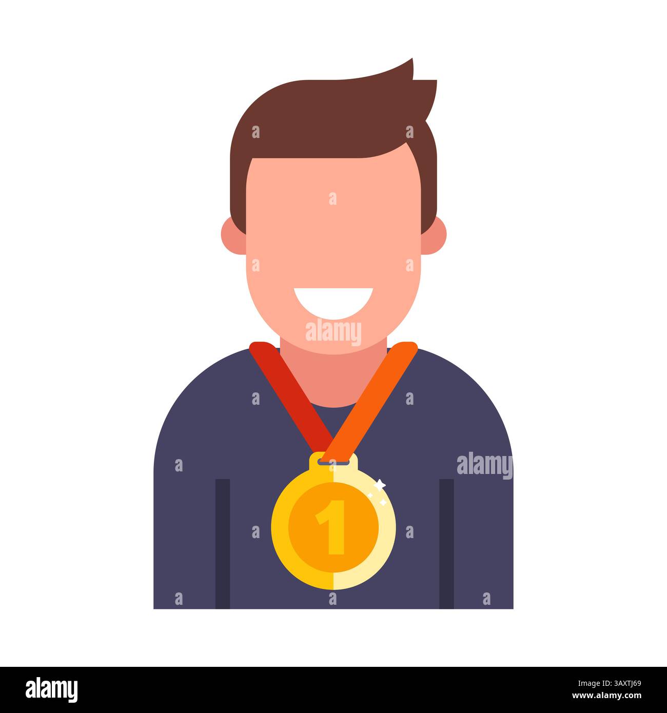 man with gold medal on neck. sportsman winner. flat illustration of man ...