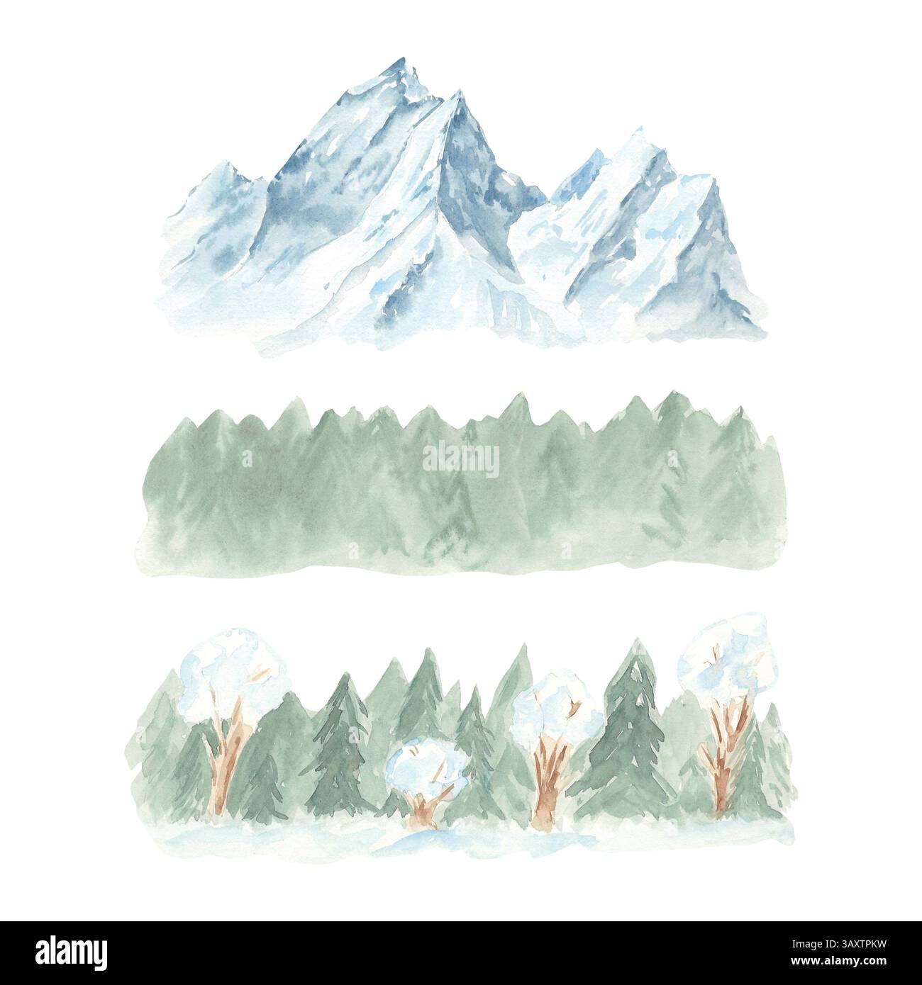 Mountains, forest clipart in snow watercolor hand painted. Snowy ...