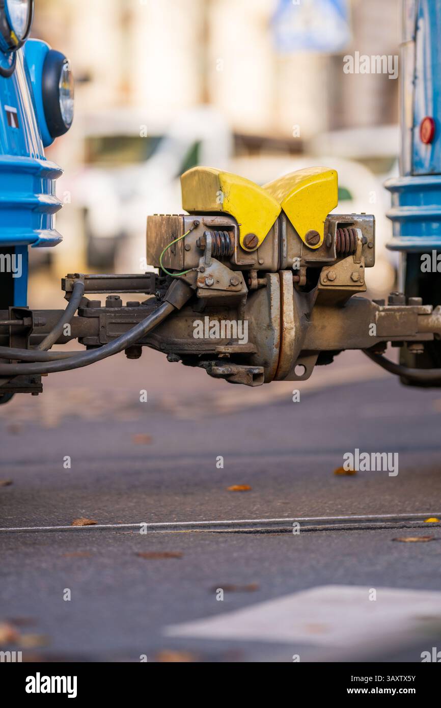 Scharfenberg coupler of a vintage tram set Stock Photo - Alamy