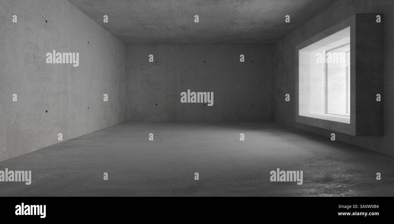 Abstract modern concrete room with offset and framed window opening in ...