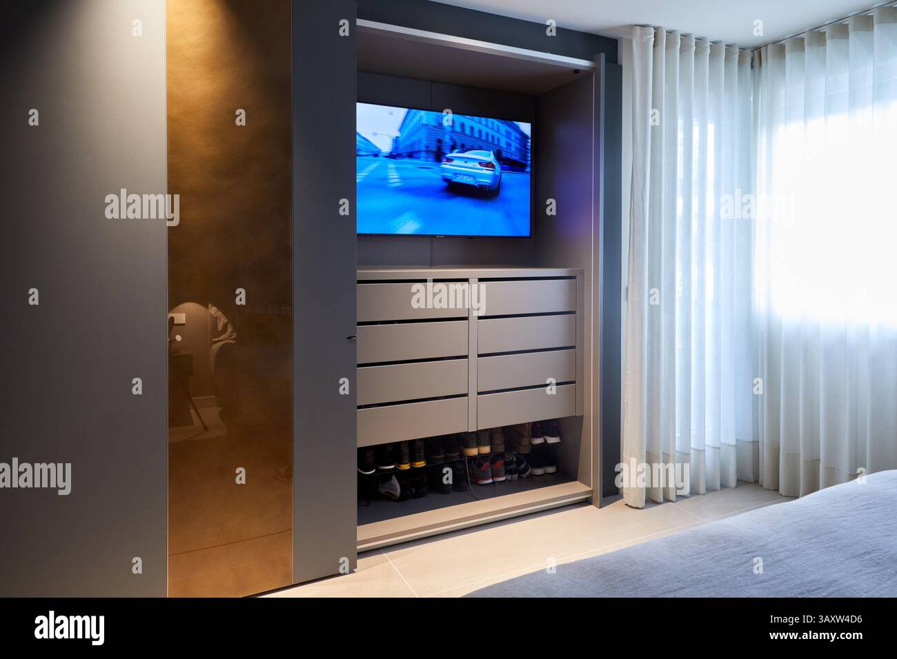 Television, drawers and shoe rack inside the closet, Wardrobe, bedroom ...