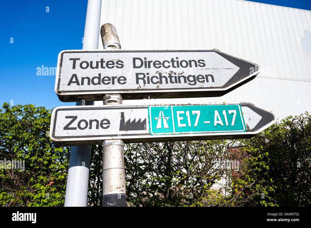 Direction signs to the industry zone and E17 A17 highway in Mouscron ...