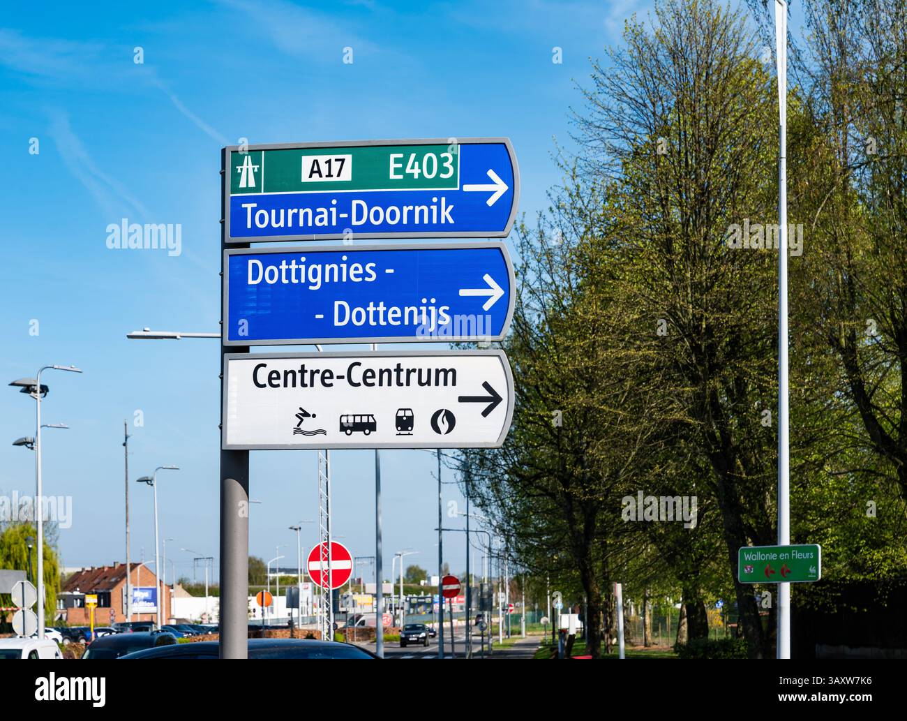 Traffic signs to the E 403 highway, national roads, the hospital and ...