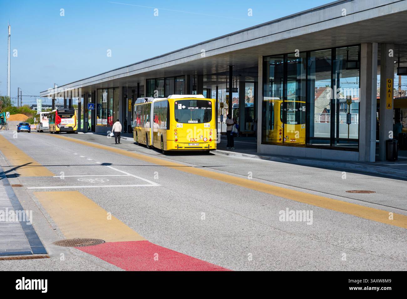 Yellow TEC bus at the railway station of Mouscron, Hainaut, Belgium, 10 ...