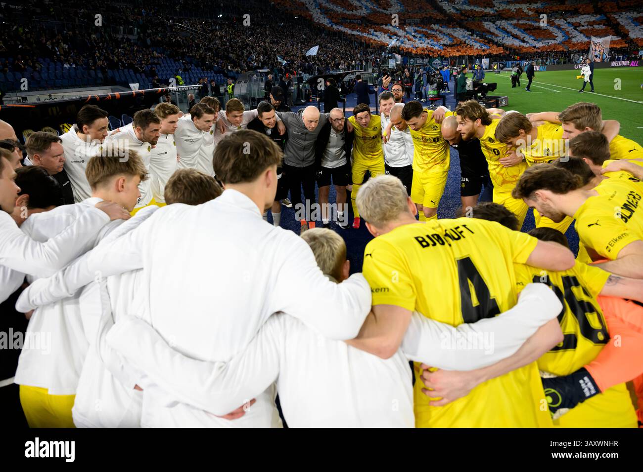 Bodo Glimt players make a circle during the Europa League football ...