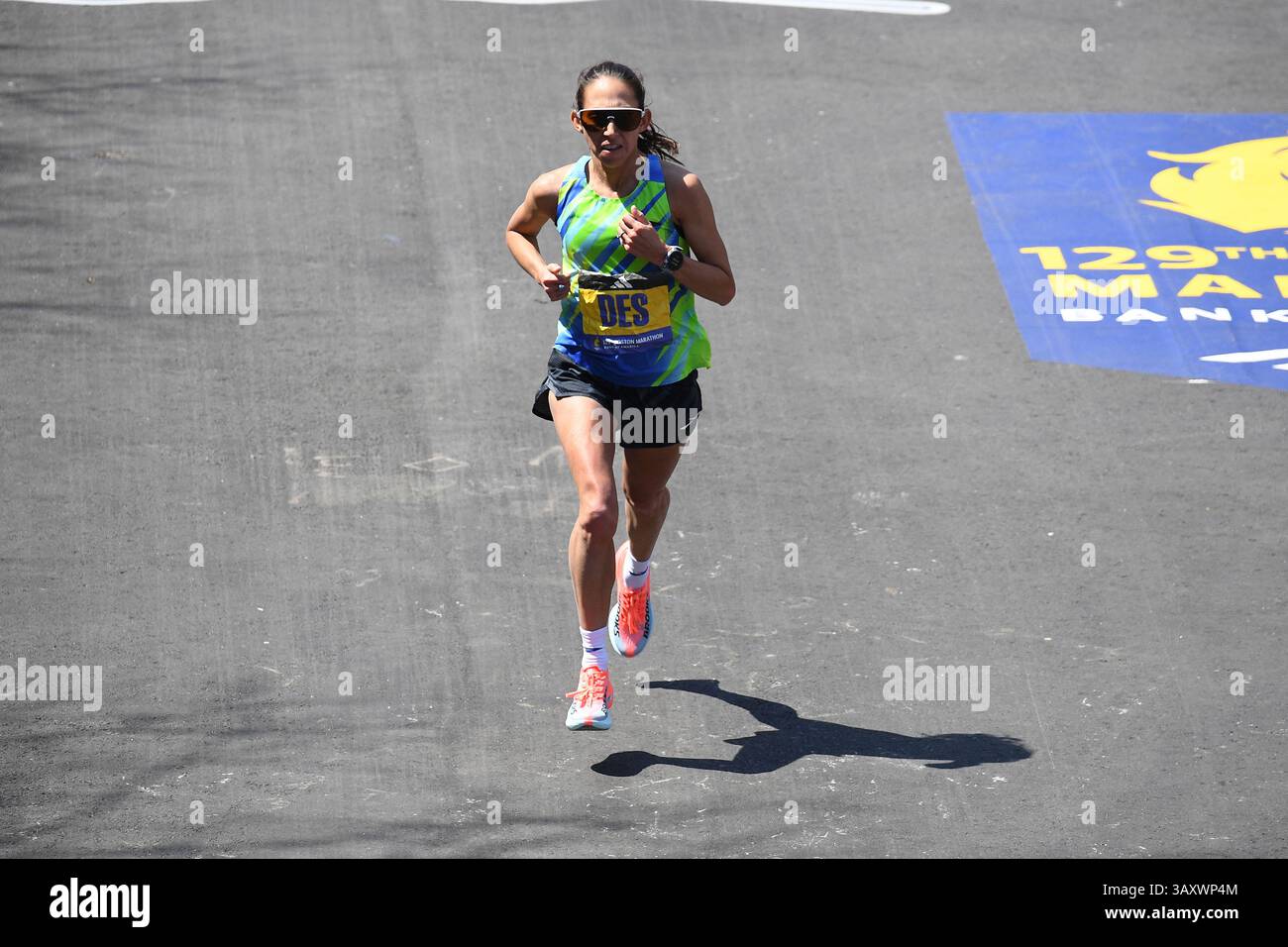 BOSTON, MA - APRIL 21: Desiree Linden of the United States runs to the ...