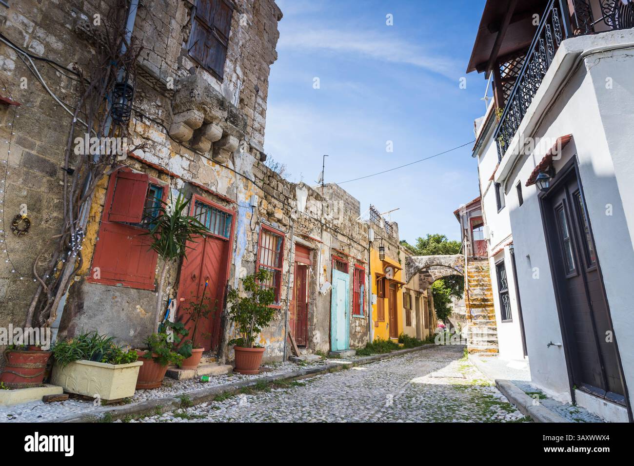 Colourful backstreet in Rhodes old town made up of colourful doors ...