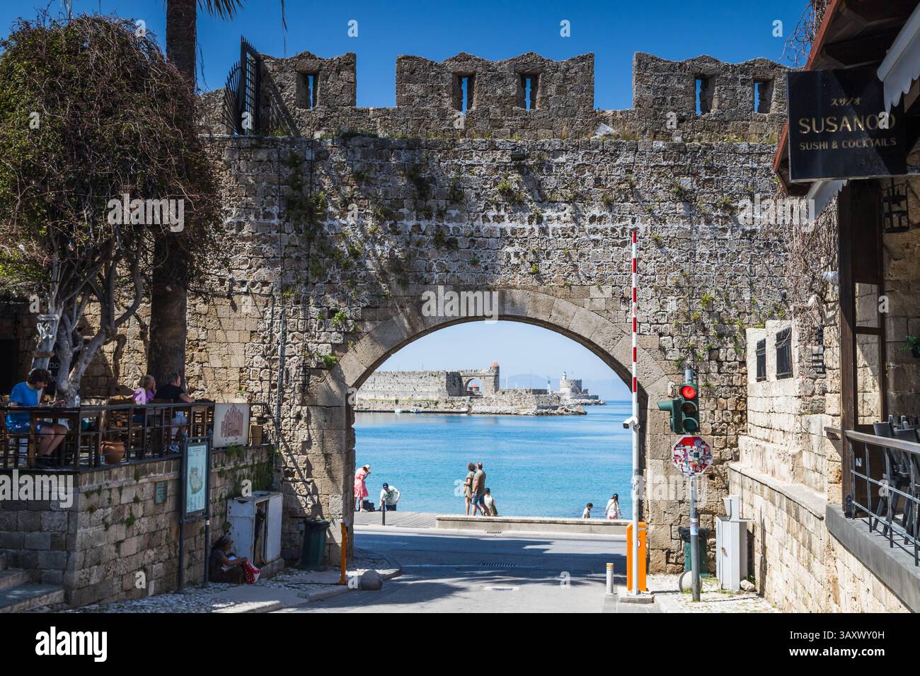 Looking through Panayia Gate on the edge of Rhodes Old Town in Greece ...