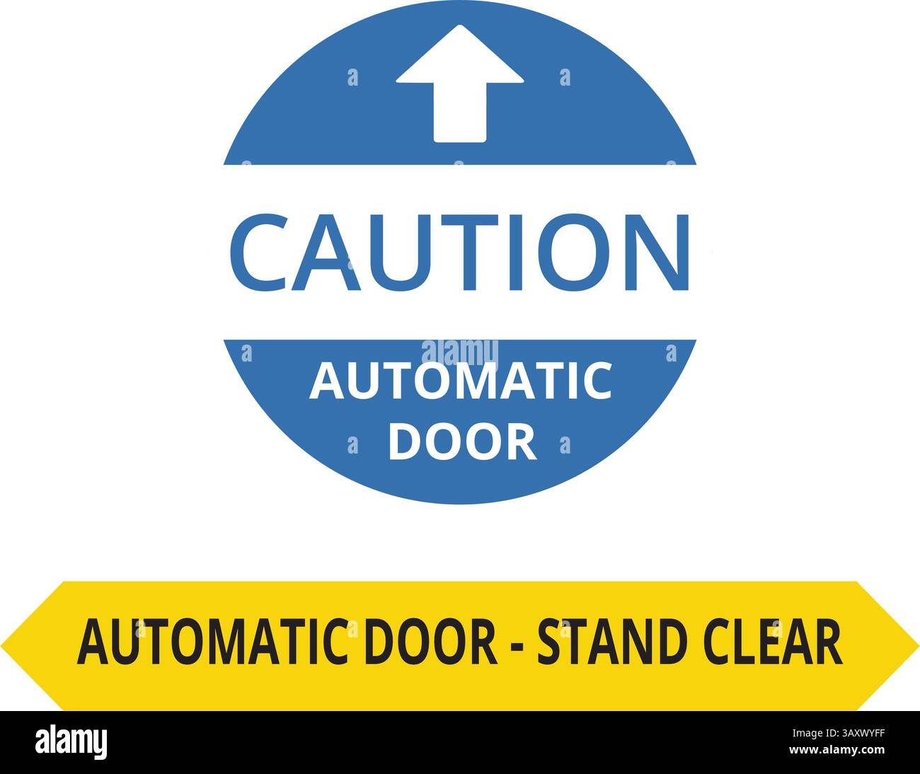 Caution automatic door round sign and automatic door stand clear arrow ...