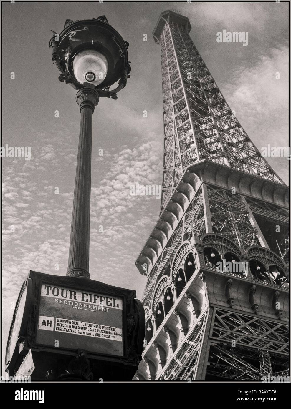 Vintage 1930s Eiffel Tower and a bus stop "Tour Eiffel" Paris France B ...