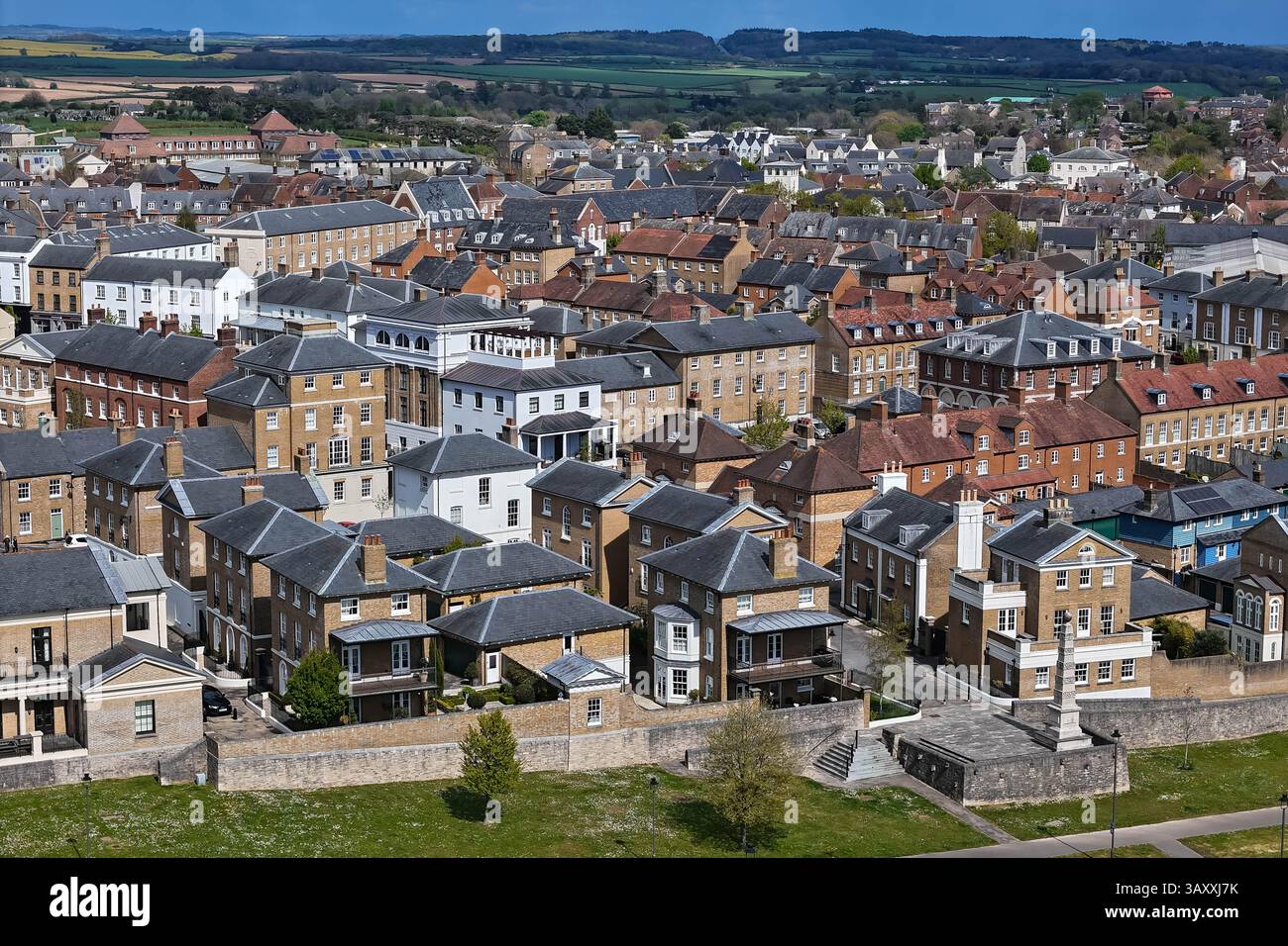 Poundbury, Dorchester, Dorset, UK. 21st April 2025. General aerial view ...