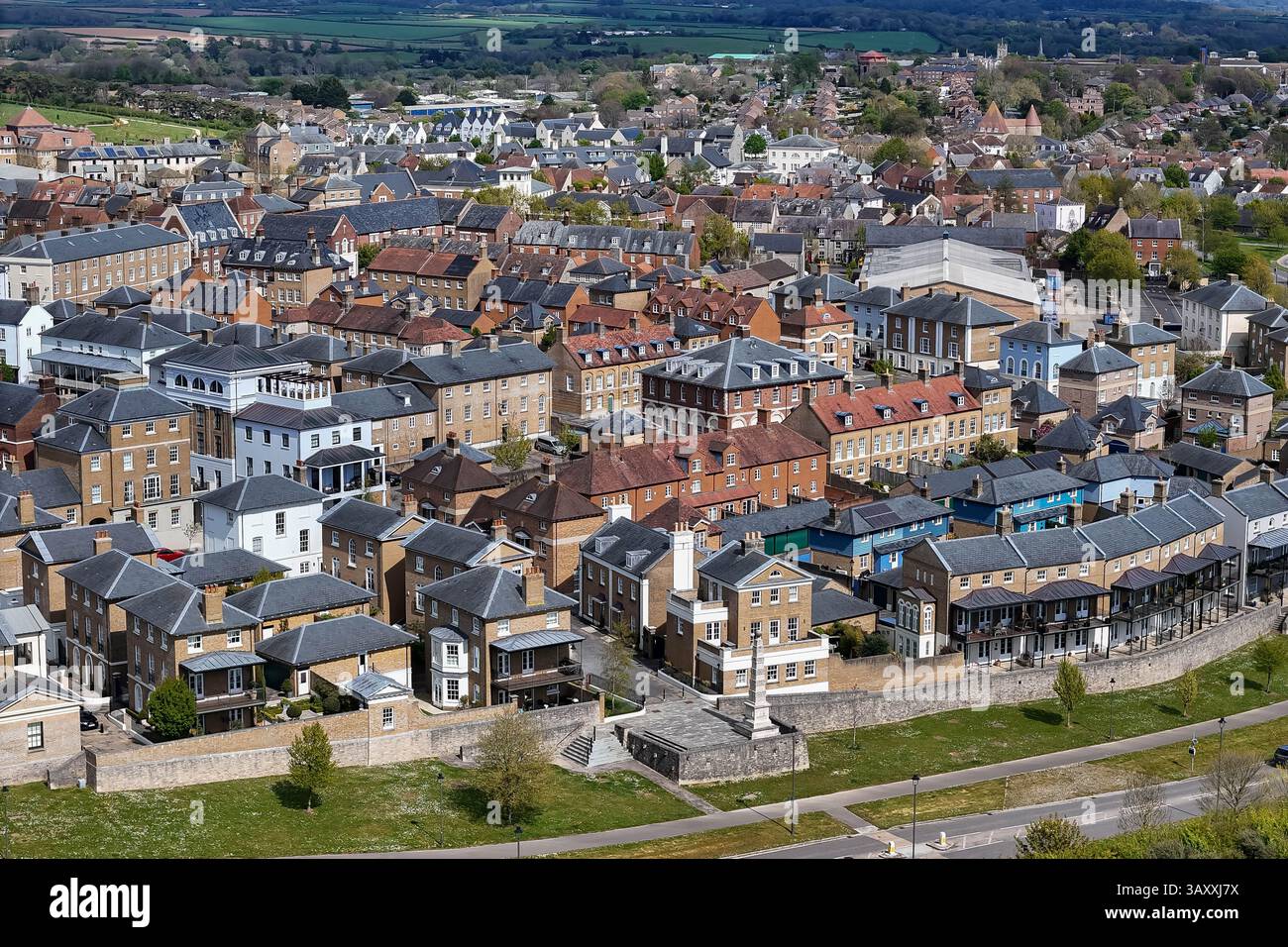 Poundbury, Dorchester, Dorset, UK. 21st April 2025. General aerial view ...