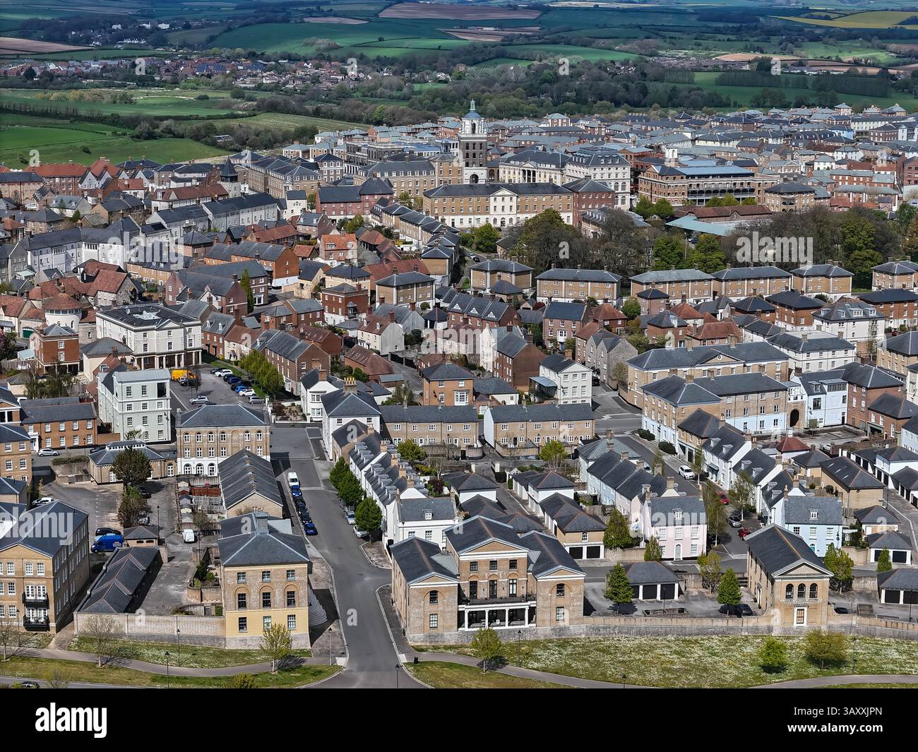 Poundbury, Dorchester, Dorset, UK. 21st April 2025. General aerial view ...