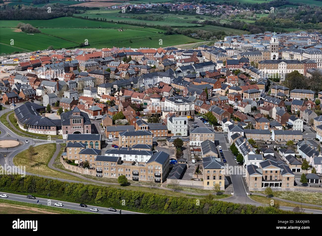 Poundbury, Dorchester, Dorset, UK. 21st April 2025. General aerial view ...