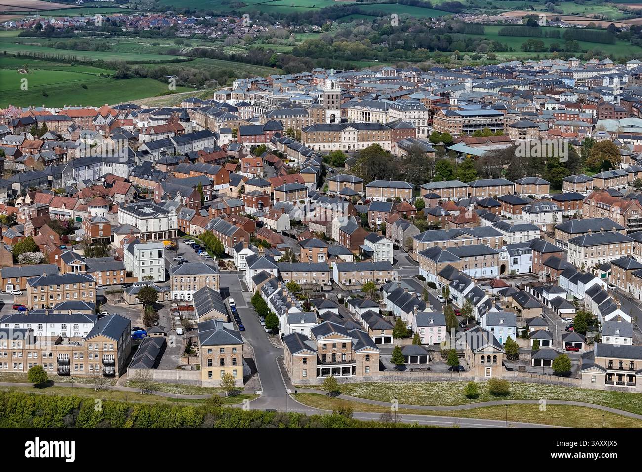 Poundbury, Dorchester, Dorset, UK. 21st April 2025. General aerial view ...