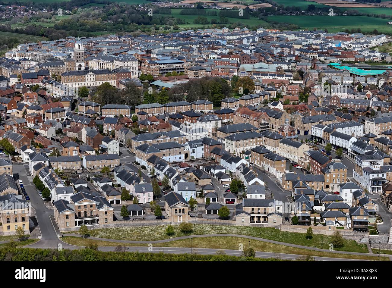 Poundbury, Dorchester, Dorset, UK. 21st April 2025. General aerial view ...