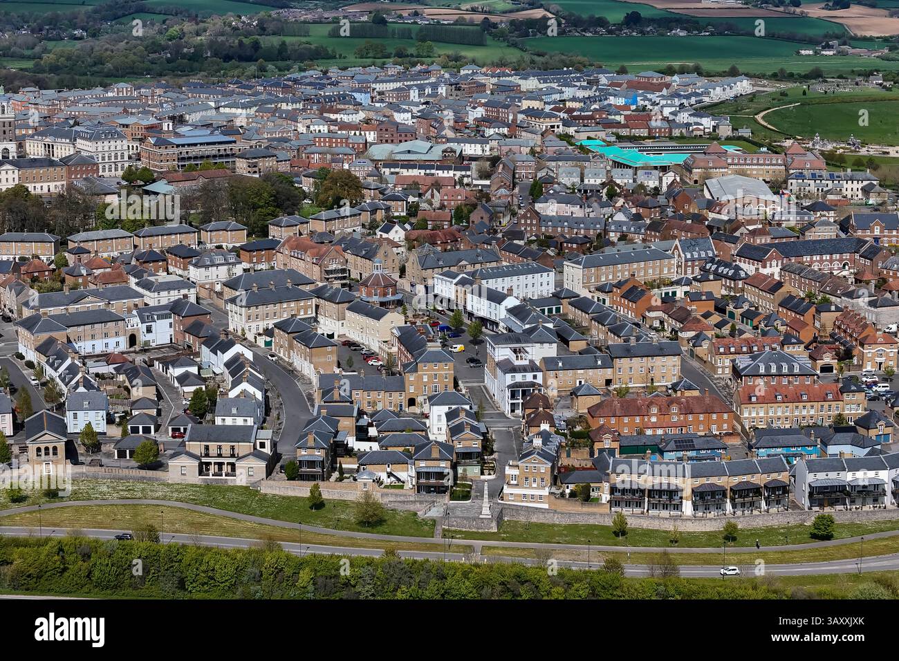 Poundbury, Dorchester, Dorset, UK. 21st April 2025. General aerial view ...