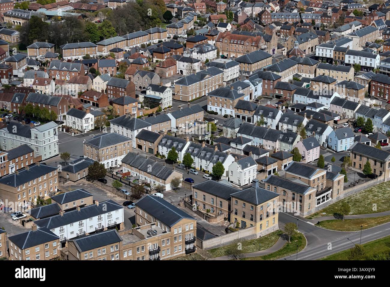 Poundbury, Dorchester, Dorset, UK. 21st April 2025. General aerial view ...
