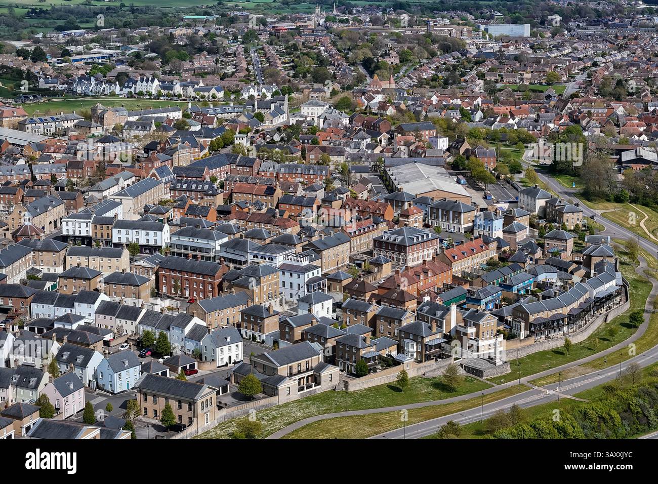 Poundbury, Dorchester, Dorset, UK. 21st April 2025. General aerial view ...