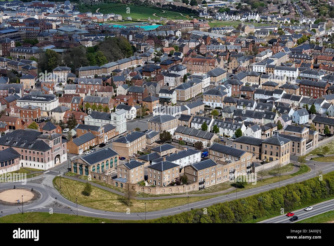 Poundbury, Dorchester, Dorset, UK. 21st April 2025. General aerial view ...