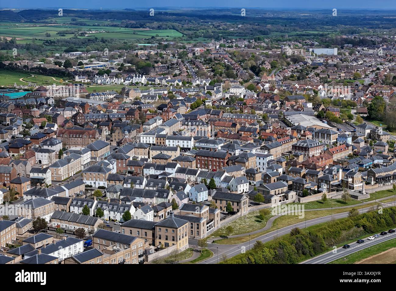 Poundbury, Dorchester, Dorset, UK. 21st April 2025. General aerial view ...