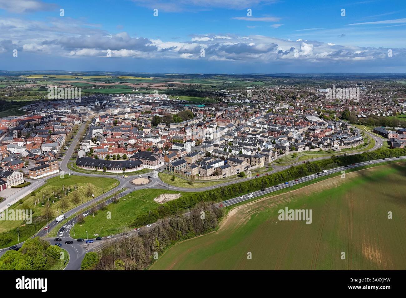 Poundbury, Dorchester, Dorset, UK. 21st April 2025. General aerial view ...