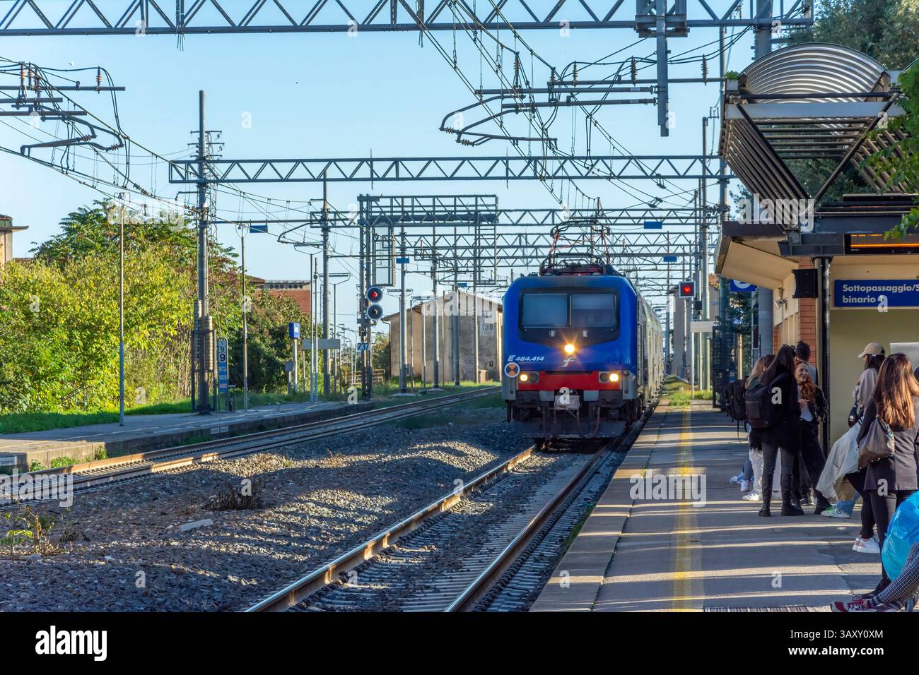 Scene at Camucia Cortona railway station on a clear day, with platform ...