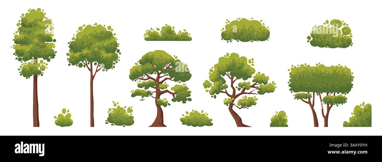 Cartoon trees and bushes. Green plants with flowers for vegetation ...