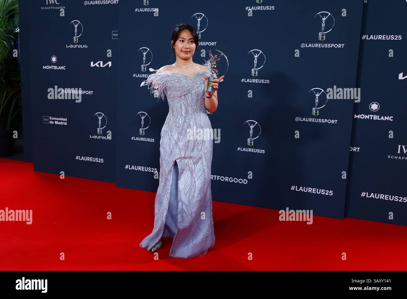 Jiang Yuyan poses with the award during the Laureus World Sports Awards Madrid 2025 at Palacio ...