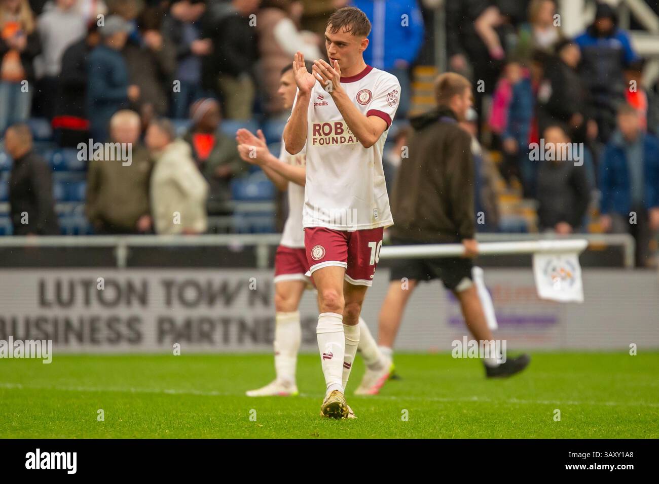 Luton on Monday 21st April 2025. Scott Twine of Bristol City applauds ...