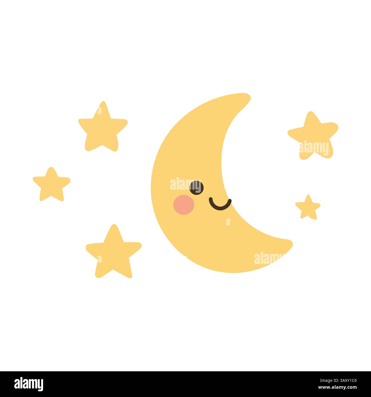 Smiling crescent moon with cheerful stars in a yellow night sky, great ...