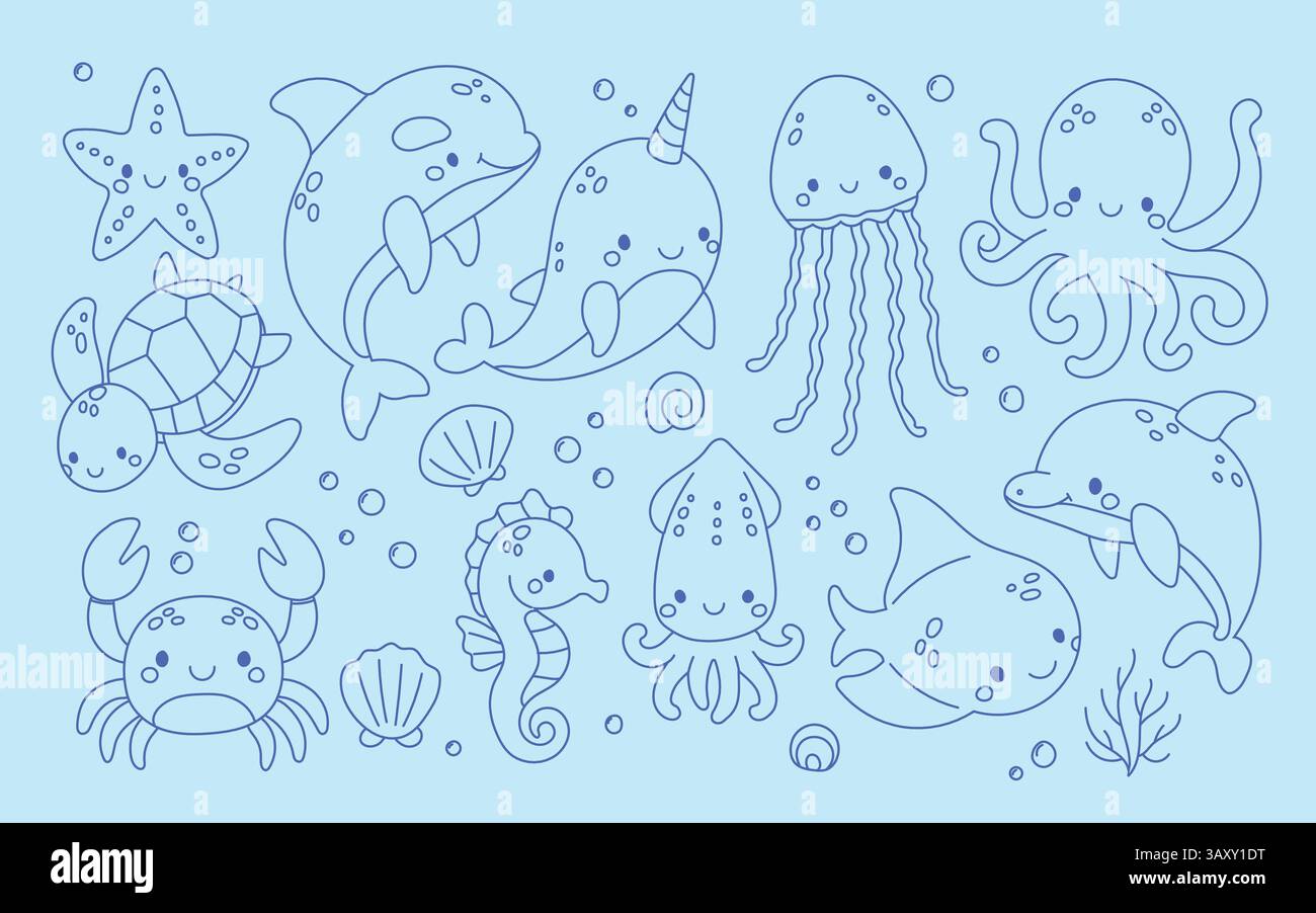 Blue outline underwater animal collection including narwhal, octopus ...