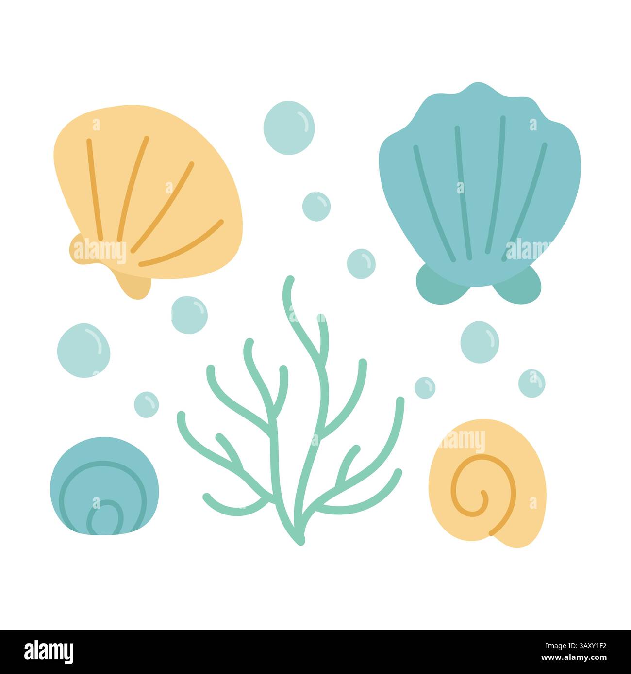 Colorful sea shell and coral set with bubbles, perfect for beach-themed ...