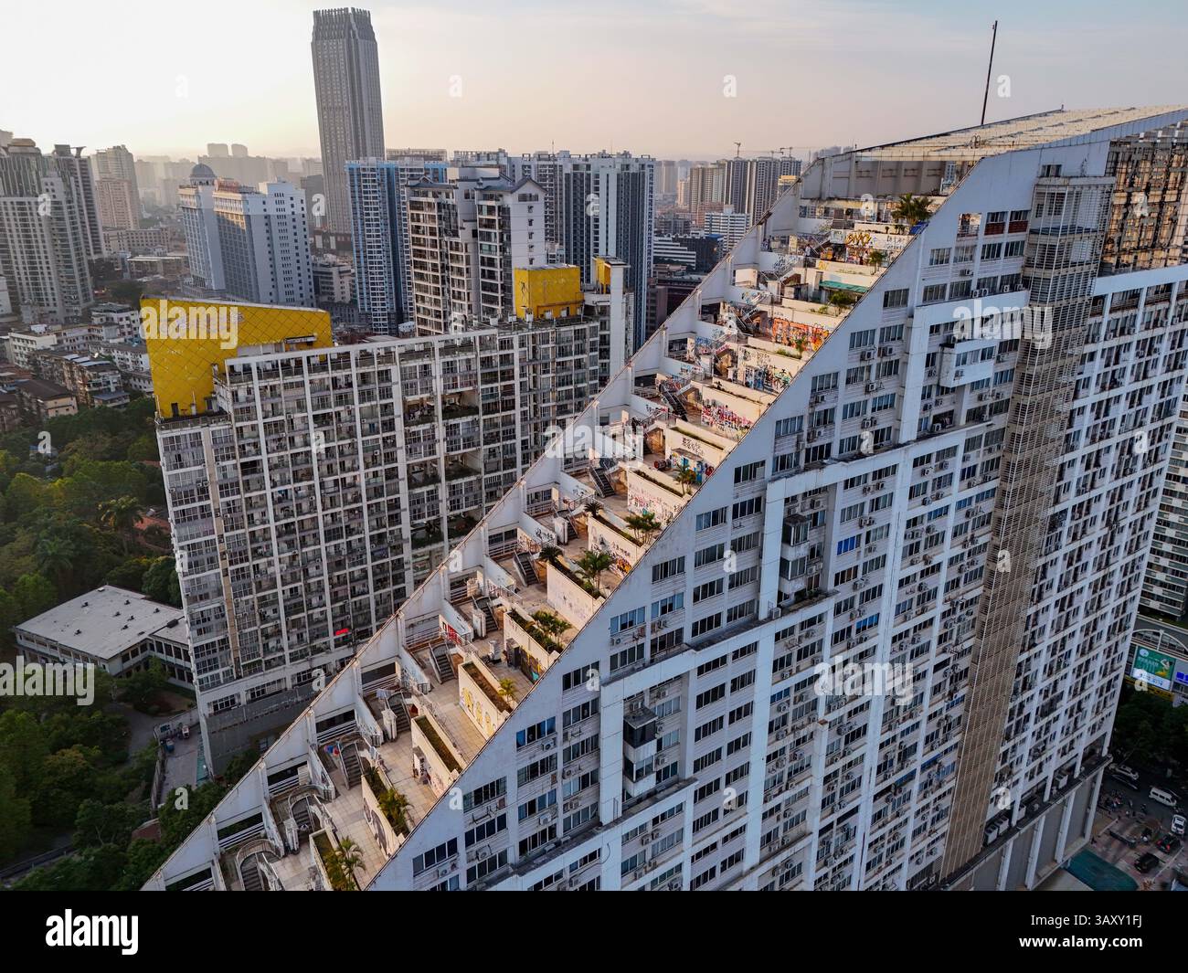 Aerial view of a graffiti staircase building about 100 meters high in Huaxing Times Square ...