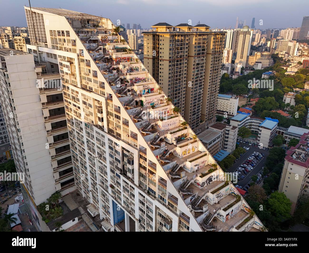Aerial view of a graffiti staircase building about 100 meters high in ...