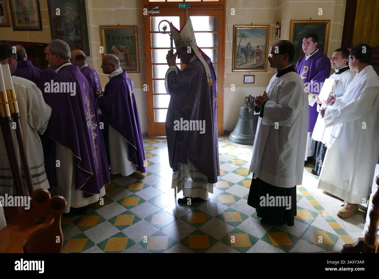 Cardinal Mario Grech (centre), former Bishop of Gozo, and now front-runner to succeed Pope ...