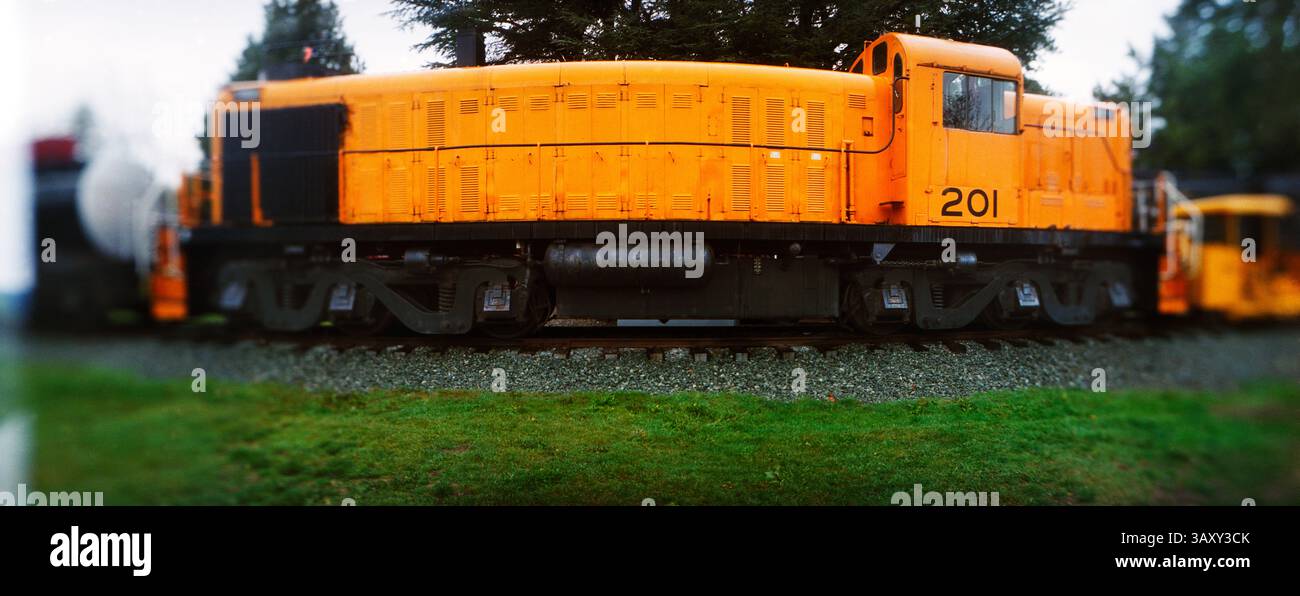Panoramic view of old trains on display in a museum, Northwest Railway ...