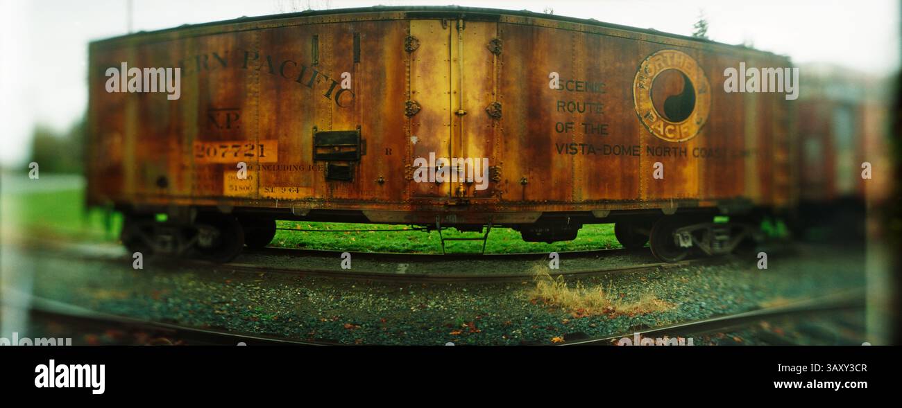 Panoramic view of old train on display in a museum, Northwest Railway ...
