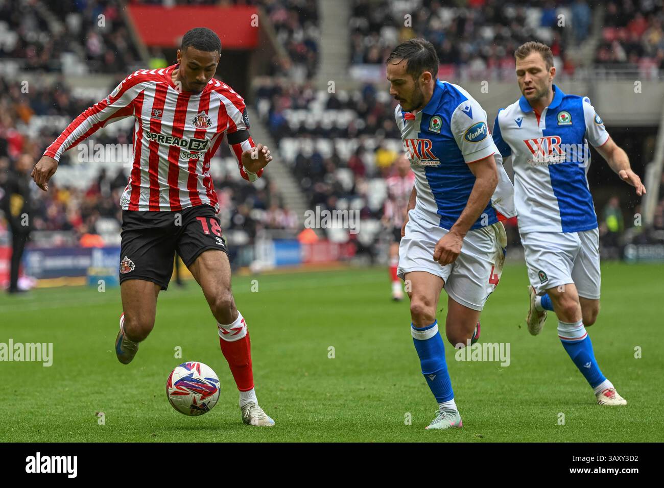Sunderland on Monday 21st April 2025. Sunderland's Wilson Isidor takes on Blackburn Rovers Yuri ...