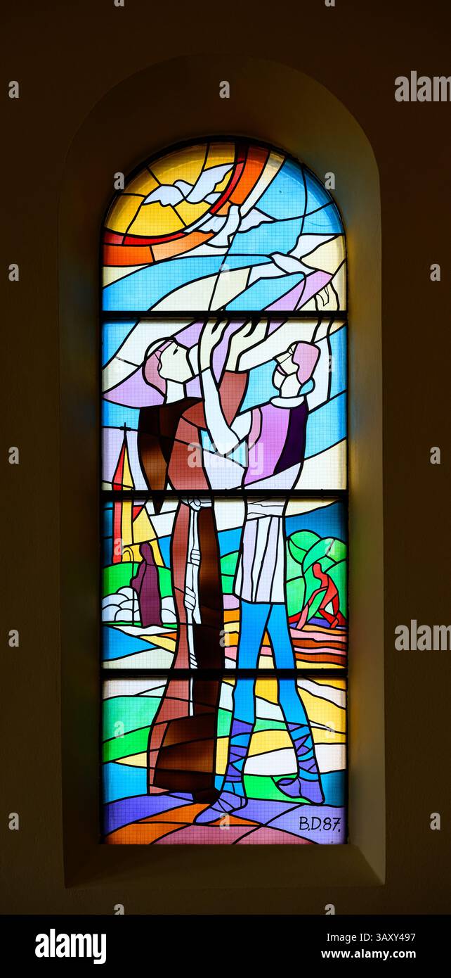 St Francis of Assisi. A stained-glass window in the St James Church in ...