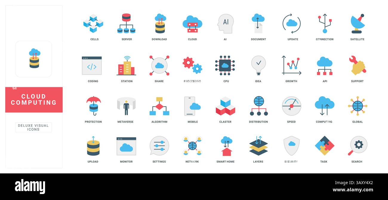 Cloud computing, data center system and network, server infrastructure and code color icon set ...