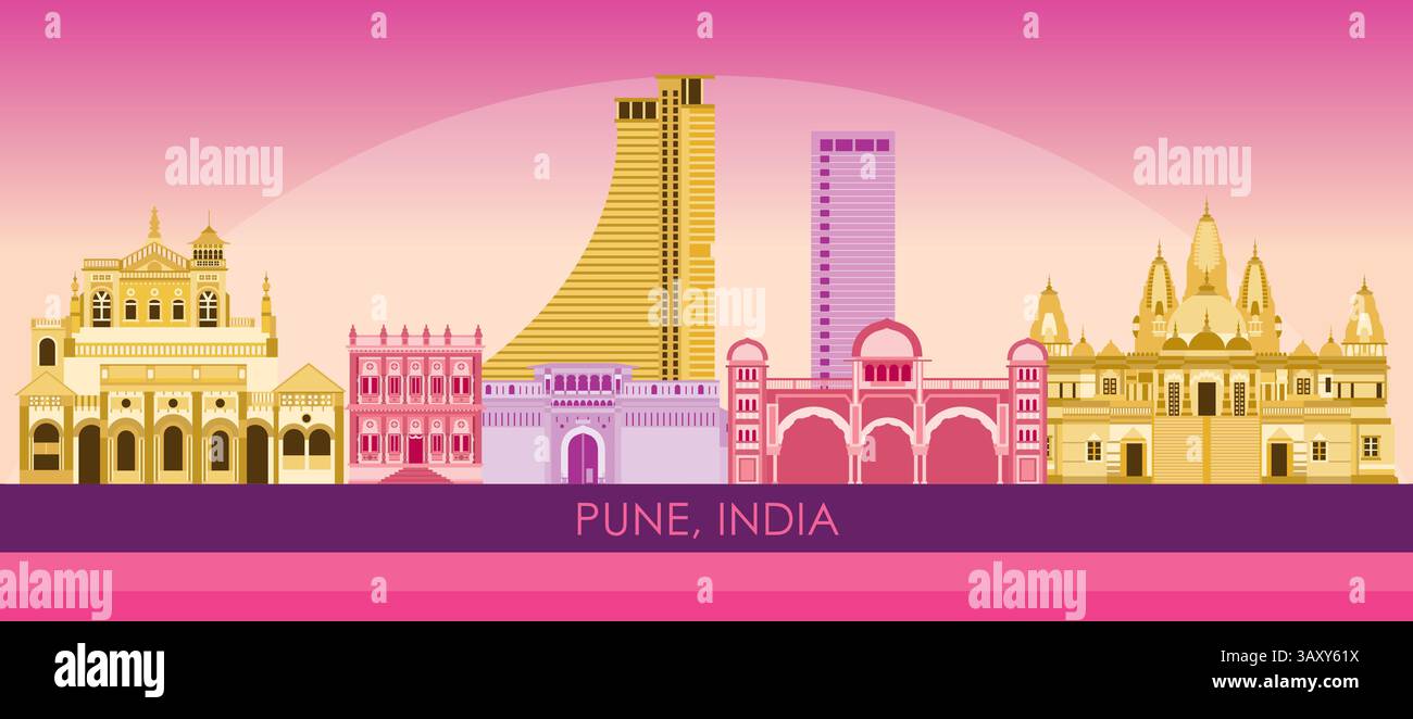 Sunset Skyline panorama of city of Pune, India - vector illustration ...