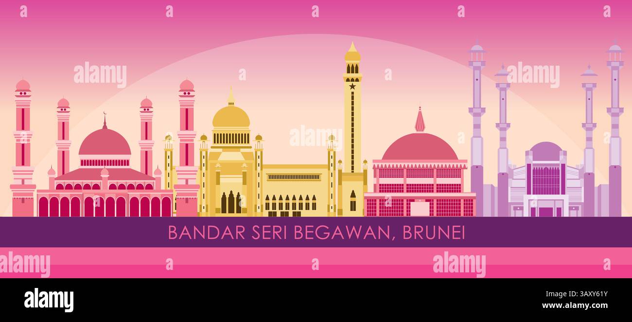 Sunset Skyline panorama of city of Bandar Seri Begawan, Brunei - vector ...