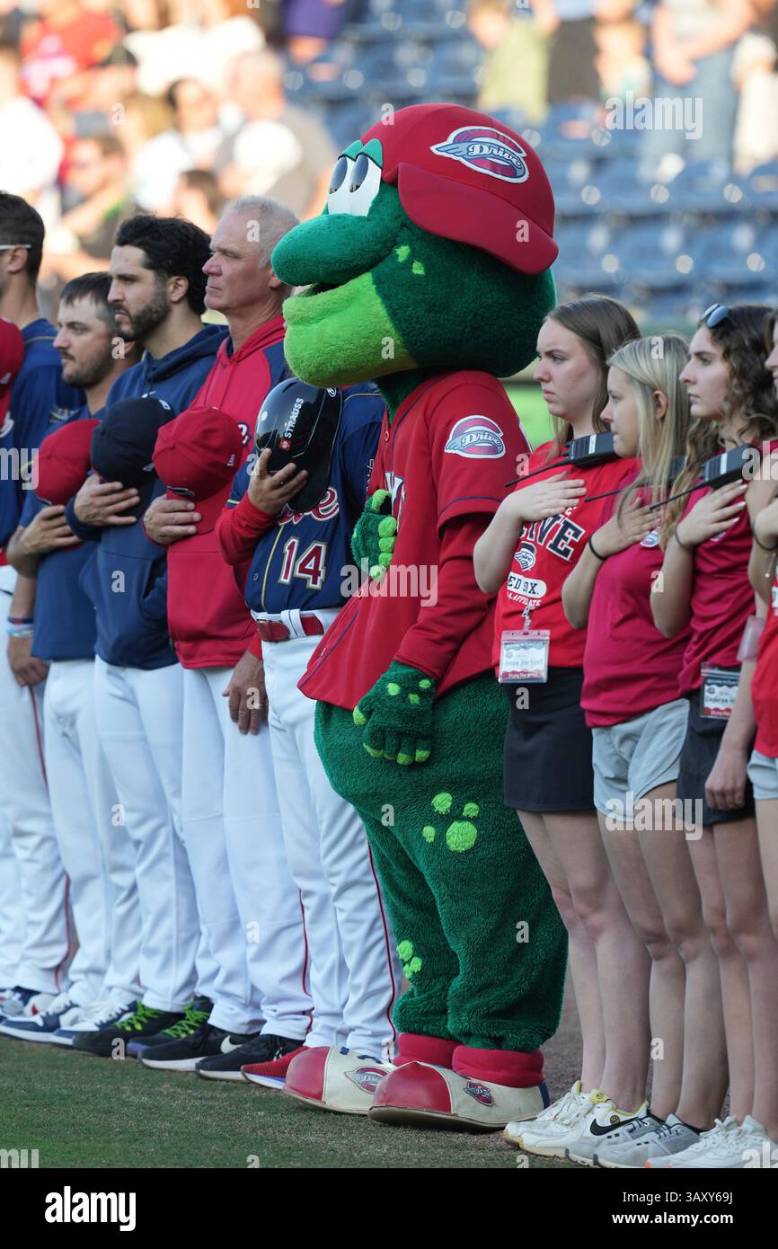 Mascot Reedy Rip'It of the Greenville Drive stands for the National ...