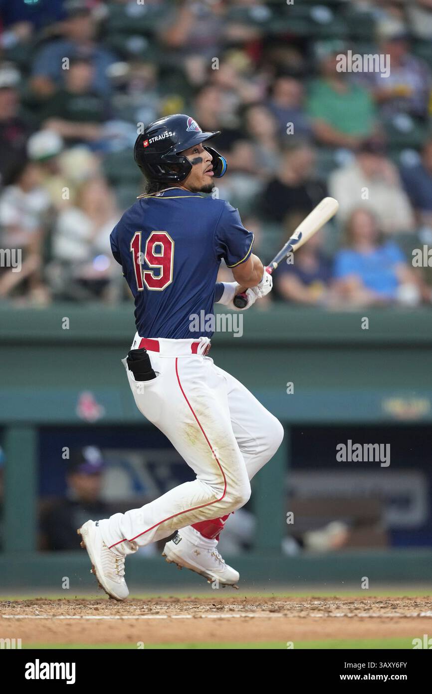 Fraymi De Leon (19) of the Greenville Drive at bat in a South Atlantic ...