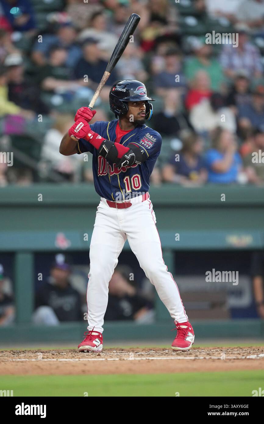 Kolby Johnson (10) of the Greenville Drive at bat in a South Atlantic ...