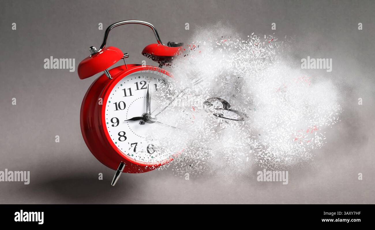Alarm clock dissolving in air on grey background, banner. Time is ...